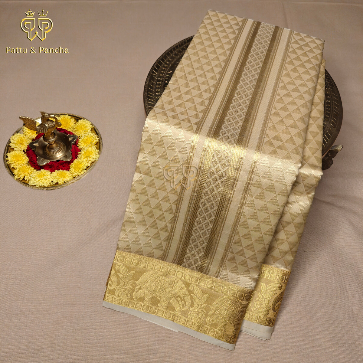 Art Silk Cream Dhoti with Jacquard Triangle Weaving and Gold Zari ...